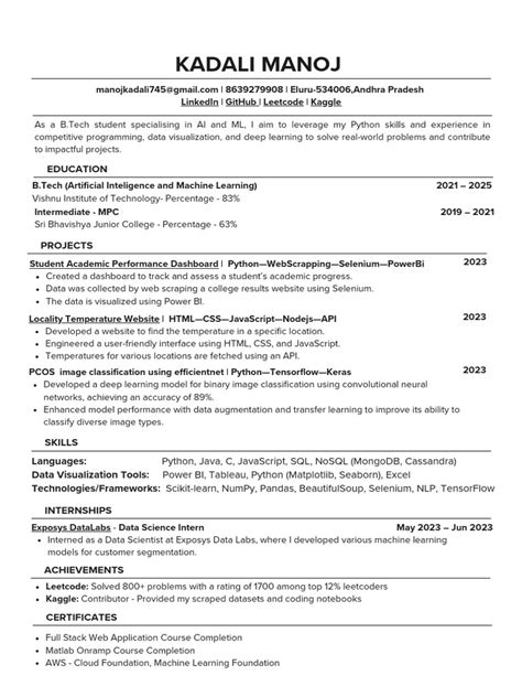 Kadalimanojresume Pdf Computing Artificial Intelligence