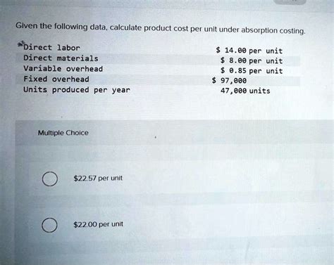solved given the following data calculate product cost per unit under