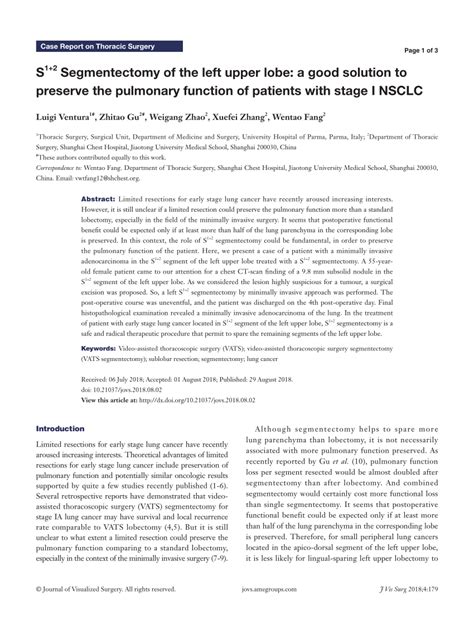 Pdf Three Port Vats Left Apico Dorsal S1 2 Segmentectomy For A Mia In The Left Upper Lobe
