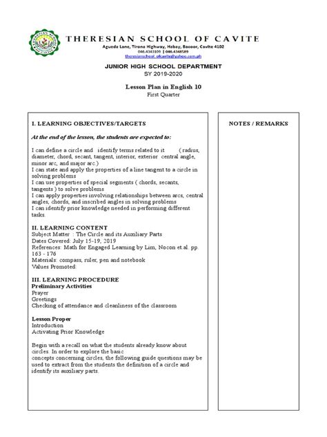 Lesson Plan In Math 10 Pdf Circle Trigonometric Functions