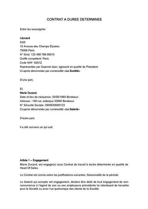 Contrat à Durée Déterminée Cdd Legalvision