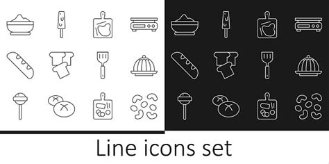 세트 라인 젤리 캔디 푸딩 커스터드 도마 빵 토스트 프렌치 바게트 빵 밀가루 그릇 주걱 및 아이스크림 아이콘 벡터 검은색에 대한 스톡 벡터 아트 및 기타 이미지 Istock
