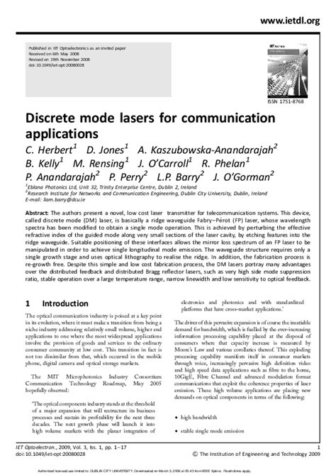 Pdf Discrete Mode Lasers For Communication Applications