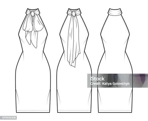 드레스 넥 보우 테크니컬 패션 일러스트와 홀터 네크라인 민소매 몸에 맞는 무릎 길이 의 연필 스커트 0명에 대한 스톡 벡터 아트 및 기타 이미지 Istock