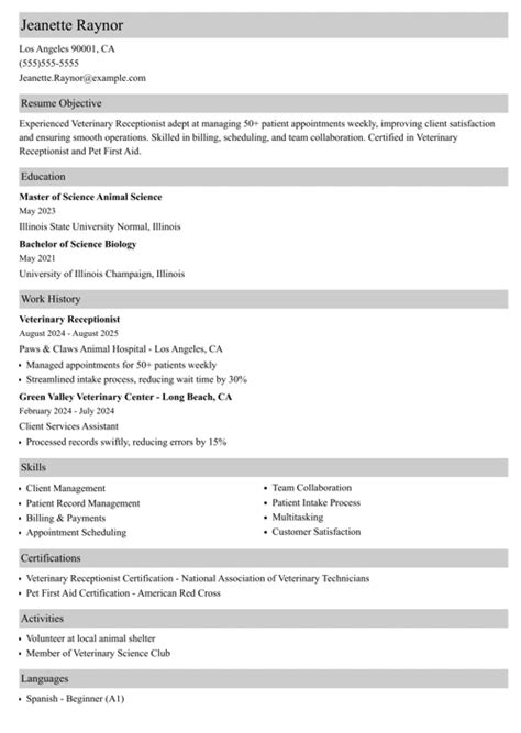 Veterinary Receptionist Resume Examples And Key Skills