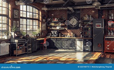 A Cozy Industrial Style Workspace With Exposed Brick Walls Large Windows And Various Vintage