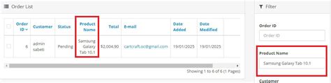 Opencart Order List Product Filter