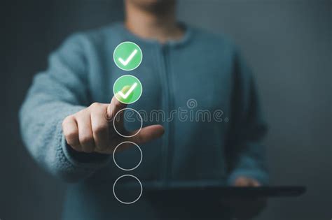 Woman Tick Correct Sign Mark In Checkbox For Quality Document Control Checklist And Business