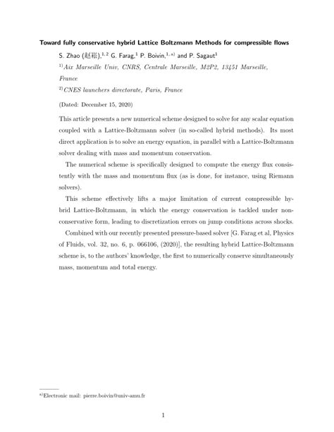 Pdf Toward Fully Conservative Hybrid Lattice Boltzmann Methods For Compressible Flows