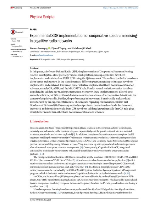 experimental sdr implementation of cooperative spectrum sensing in