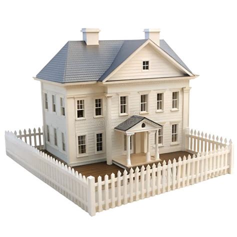 Miniature Colonial Style House With White Picket Fence Isolated On A White Background Stock