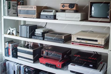 Premium Photo Retro Gaming Setup On Office Shelves With Classic Consoles