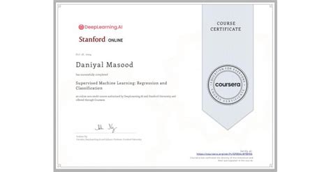 Daniyal Masood On Linkedin Completion Certificate For Supervised Machine Learning Regression And
