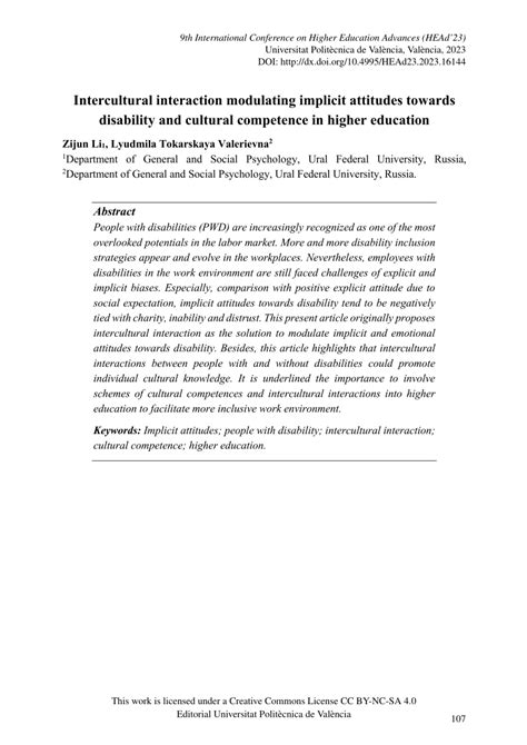 Pdf Intercultural Interaction Modulating Implicit Attitudes Towards Disability And Cultural