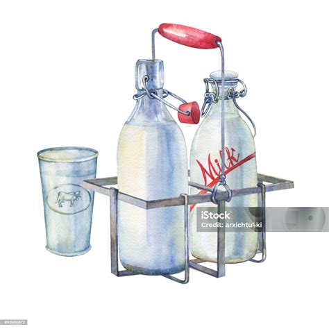 우유와 우유의 유리 병 빈티지 농가 부엌 금속 홀더 선반 핸드는 흰색 바탕에 수채화 그림을 그려 건강한 식생활에 대한 스톡 벡터 아트 및 기타 이미지 Istock