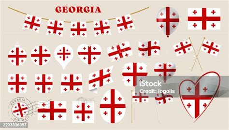 조지아 국기 세트 심장 방패 부활절 달걀 위치 원 소인 그런 지 광장 원형 및 직사각형 벡터 일러스트 레이 션과 같은 다양한