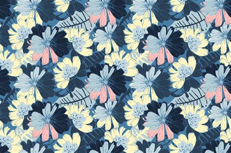 벡터 플로럴 매끄러운 패턴 짙은 파란색 배경에 고립된 노란색 파란색 분홍색 꽃 0명에 대한 스톡 벡터 아트 및 기타 이미지