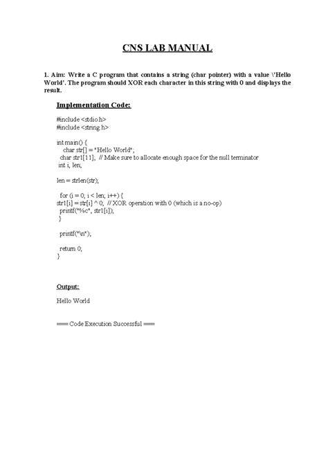 Cns Lab Manual C Programs For Encryption And Decryption Techniques Studocu