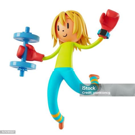 사람 만화 캐릭터 소년과 스포츠 개체를 가진 소녀 3d 그림입니다 피트니스 활동 행동 스포츠 경기에서 남자 건강한 개념입니다 3d 공 운동 액션스마트폰 스마트워치 디자인 3