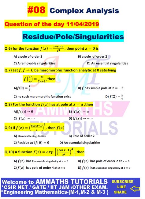 08 Complex Analysis Question Of The Day 11 04 2019 Q 06 Q 07 Q 08 Q 09 And Q 10 Residue Pole
