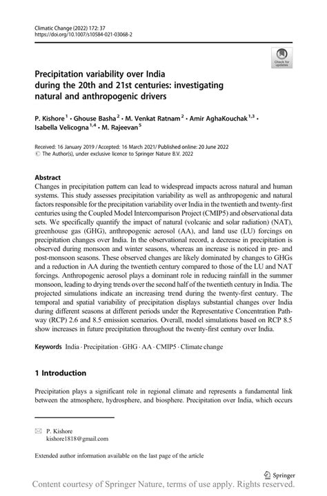 Precipitation Variability Over India During The 20th And 21st Centuries Investigating Natural