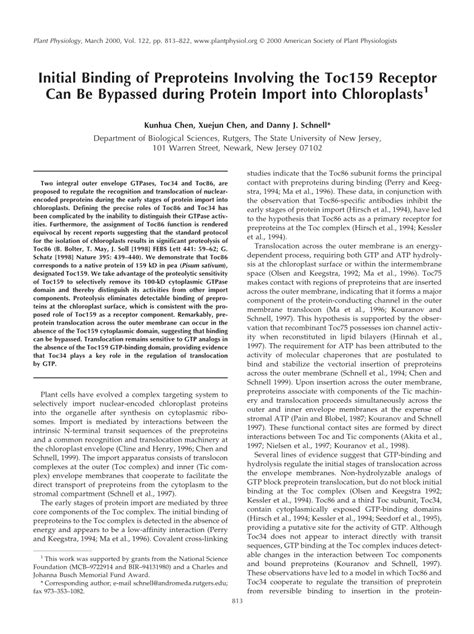 Pdf Initial Binding Of Preproteins Involving The Toc159 Receptor Can