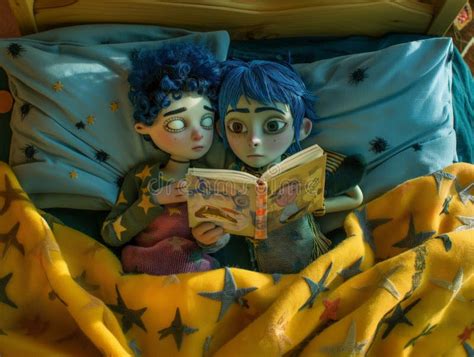 Two Animated Characters Reading A Book In Bed Stock Image Image Of