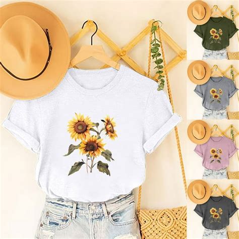 Biztdjrk 2025 Summer Top For Women Sunflower Graphic Tees Teen Girls