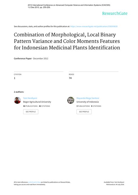 Pdf Combination Of Morphological Local Binary Pattern Variance And Color Moments Features For