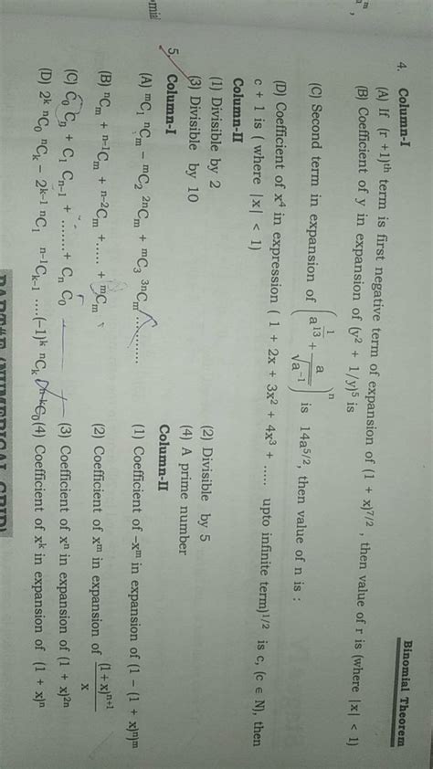 Column I Binomial Theorem A If R1th Term Is First Negative Term Of Column I Binomial Theorem A If R1th Term Is First Negative Term Of