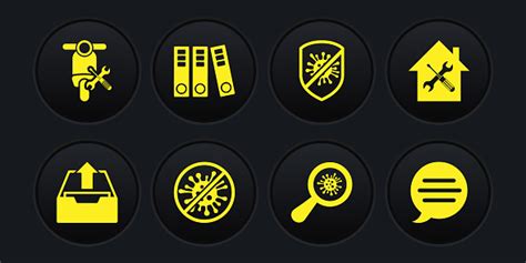 받은 편지함 업로드 하우스 서비스 바이러스 박테리아 차단 돋보기 아래의 미생물 사무실 폴더 말풍선 채팅 및 스쿠터 아이콘을