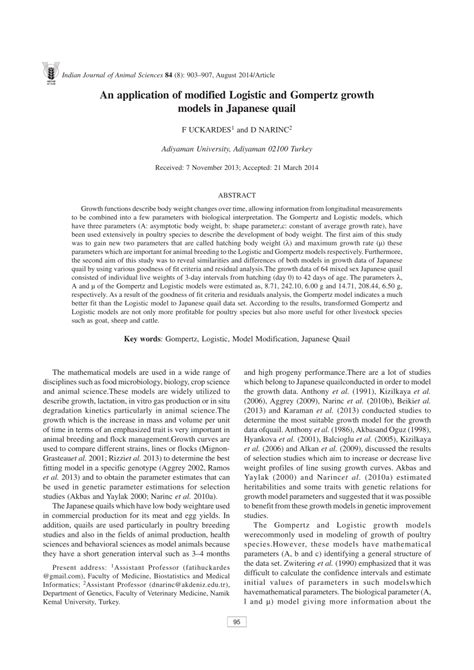 Pdf An Application Of Modified Logistic And Gompertz Growth Models In Japanese Quail
