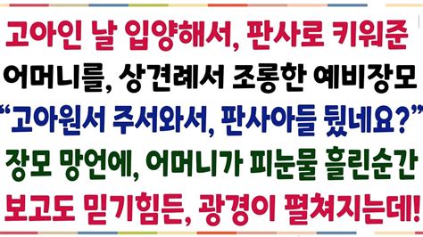 반전신청사연고아인 날 입양해서 판사로 키워준 어머니를 상견례에서 조롱한 예비장 고아원서 주서와서 판사아들 뒀네요 장모 망언에
