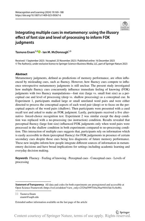 Integrating Multiple Cues In Metamemory Using The Illusory Effect Of Font Size And Level Of