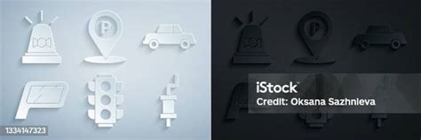 주차 및 점멸 사이렌 아이콘이있는 신호등 자동차 거울 머플러 위치를 설정합니다 벡터 3차원 형태에 대한 스톡 벡터 아트 및 기타 이미지 Istock