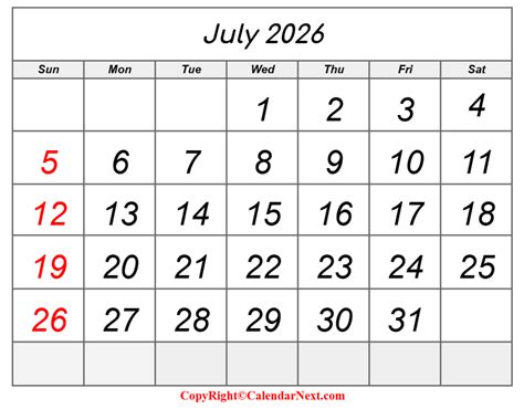 July 2026 Calendar With Holidays Calendar Next