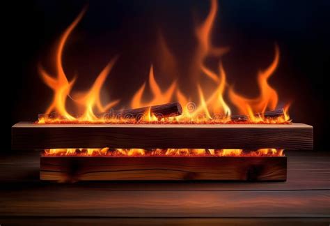 Wooden Table With Fire Burning At The Edge Of The Table Fire Particles Stock Illustration