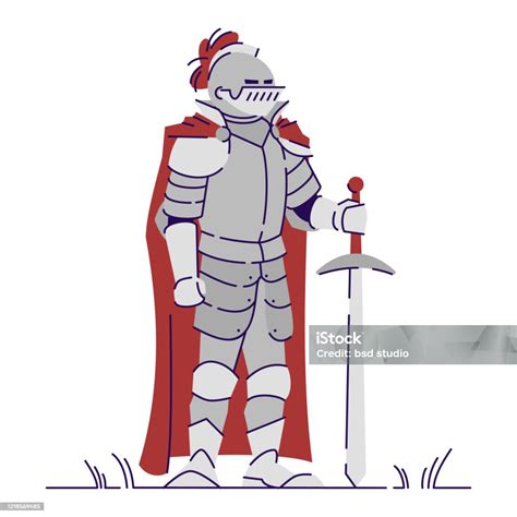 중세 기사 중세 기사 중금속 갑옷 플랫 벡터 일러스트 흰색 배경에 윤곽 요소와 칼 고립 만화 캐릭터와 역사적인 전사 중년 군인 판타지 인물 The Crusades에 대한