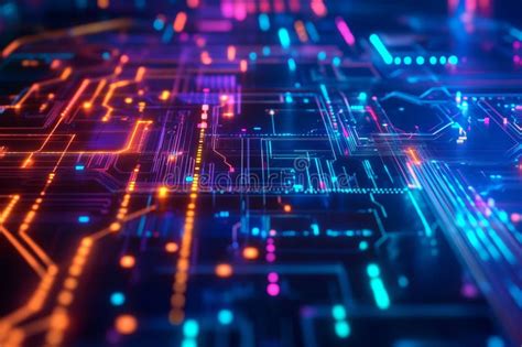 Futuristic Digital Circuit Board With Glowing Neon Lights And Complex Patterns Stock
