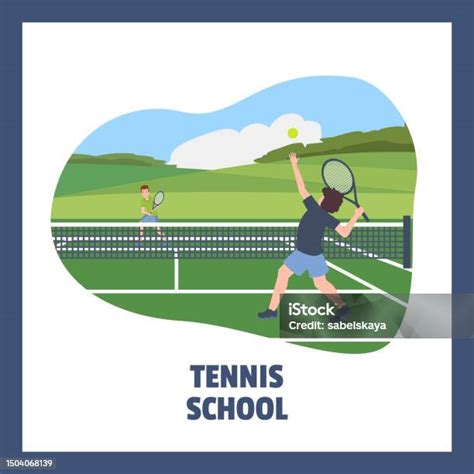 테니스를 치는 소년들이 야외 플랫 스타일 벡터 일러스트레이션을 하는 네모난 배너 2명에 대한 스톡 벡터 아트 및 기타 이미지 2명 감정 경기 스포츠 Istock