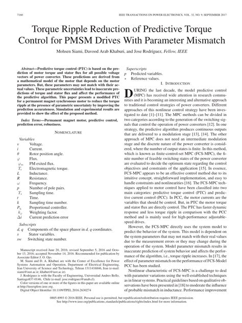 pdf torque ripple reduction of predictive torque control for pmsm