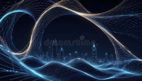Abstract Digital Artwork Of A Cityscape Behind A Glowing Web Like Structure Composed Of Blue