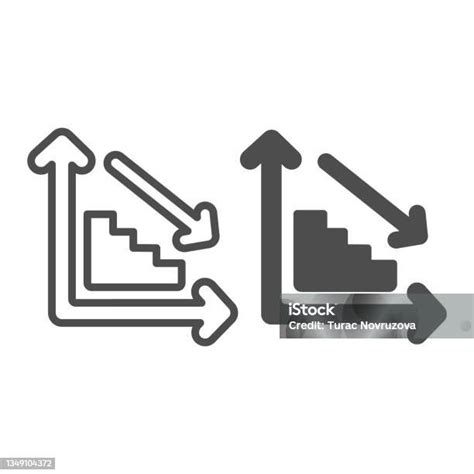 단계다운 및 화살표 선과 솔리드 아이콘 다이어그램 개념 흰색 배경에 감쇠 차트 벡터 사인 모바일 개념 및 웹 디자인에 대한 윤곽 스타일 아이콘이 있는 래더 그래프 벡터