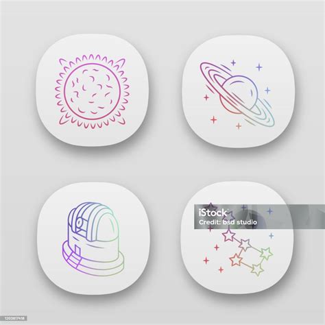 천문학 응용 프로그램 아이콘 세트 우주 탐사 태양 토성 천문대 별자리 천체 물리학 점성술 Ui Ux 사용자 인터페이스 웹 또는 모바일 응용 프로그램입니다 벡터 절연