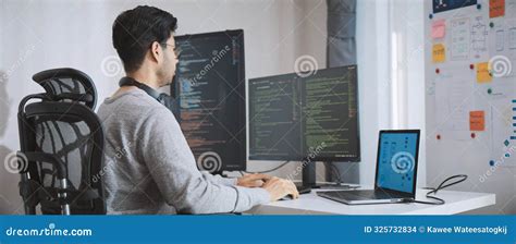 Asian Male Software Developer Coding Program On Desktop Computer Man