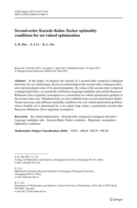 pdf second order karush kuhn tucker optimality conditions for set