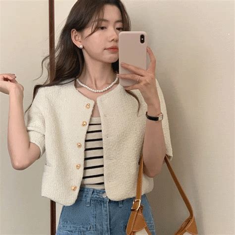 당일출고 앙드레 크롭 봄 여름 노카라 트위드자켓 금장 반팔 숏 자켓 화이트 블랙 하객룩