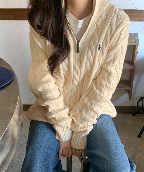 세컨찬스 폴로 랄프로렌 남녀공용 꽈배기 하프집업 니트