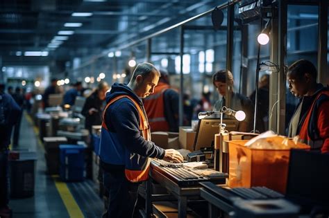 Premium Photo A Busy Distribution Center Workers In Motion Packages Moving Along Conveyor Belts