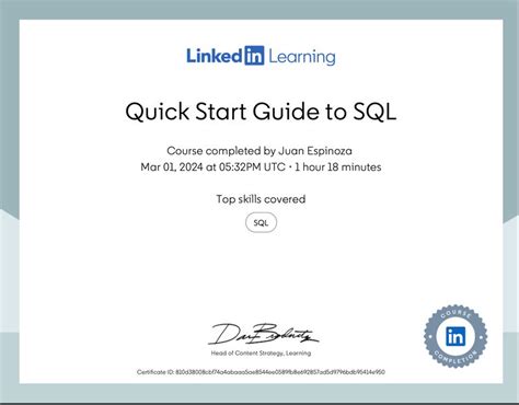 Just Finished The Course “quick Start Guide To Sql” On Linkedin Learning Juan Espinoza